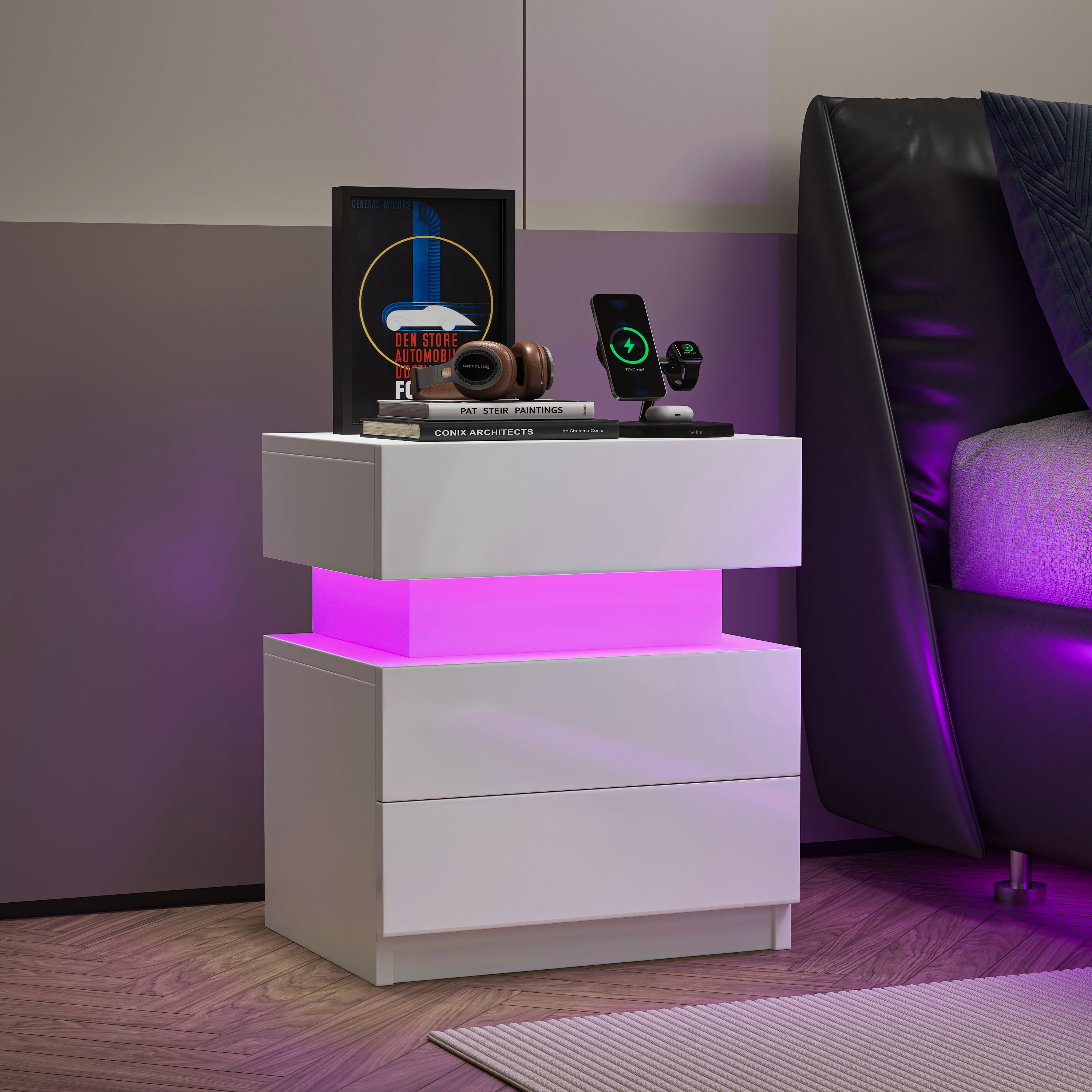 New Led Nightstand Modern White Nightstand with Led Lights Wood Led ...