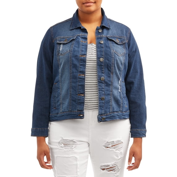 New Look Juniors' Plus Size Distressed Denim Jacket with Button Closure ...
