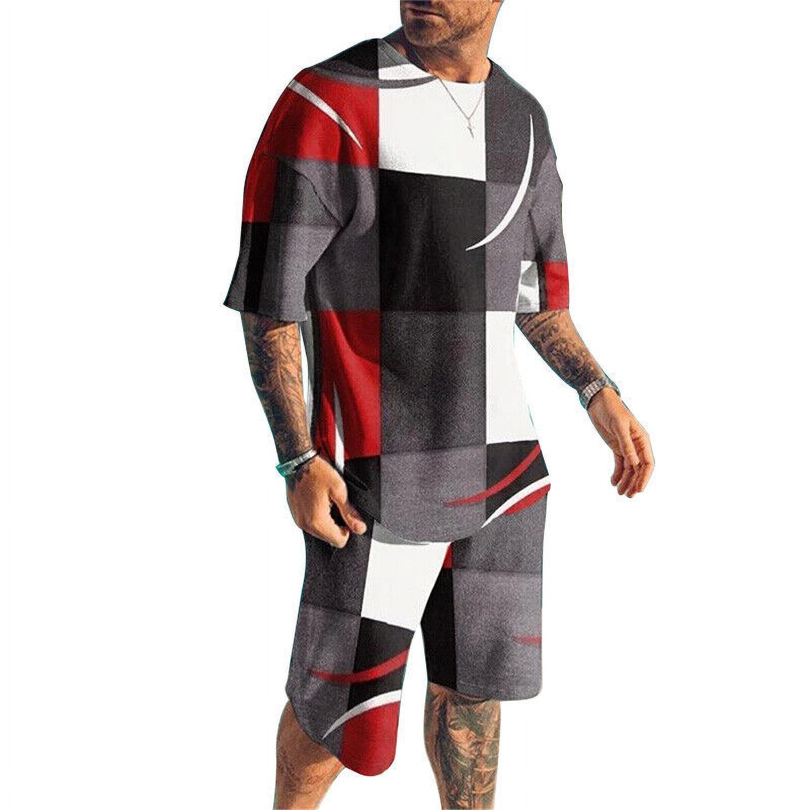 New Men Summer Outfit 2 Piece Set Sweatsuit Short Sleeve T Shirts