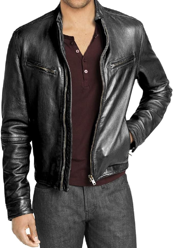 New Men's Genuine Lambskin Leather Jacket Black Belted Motorcycle Biker ...
