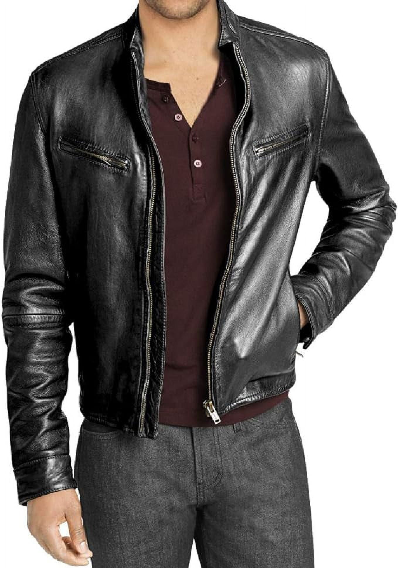 New Men's Genuine Lambskin Leather Jacket Black Belted Motorcycle Biker Jacket A042 - Walmart.com