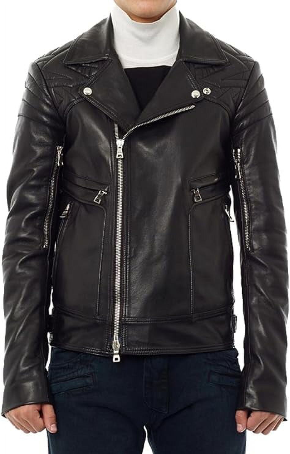 New Men's Genuine Lambskin Leather Jacket Black Belted Motorcycle Biker Jacket A048 - Walmart.com