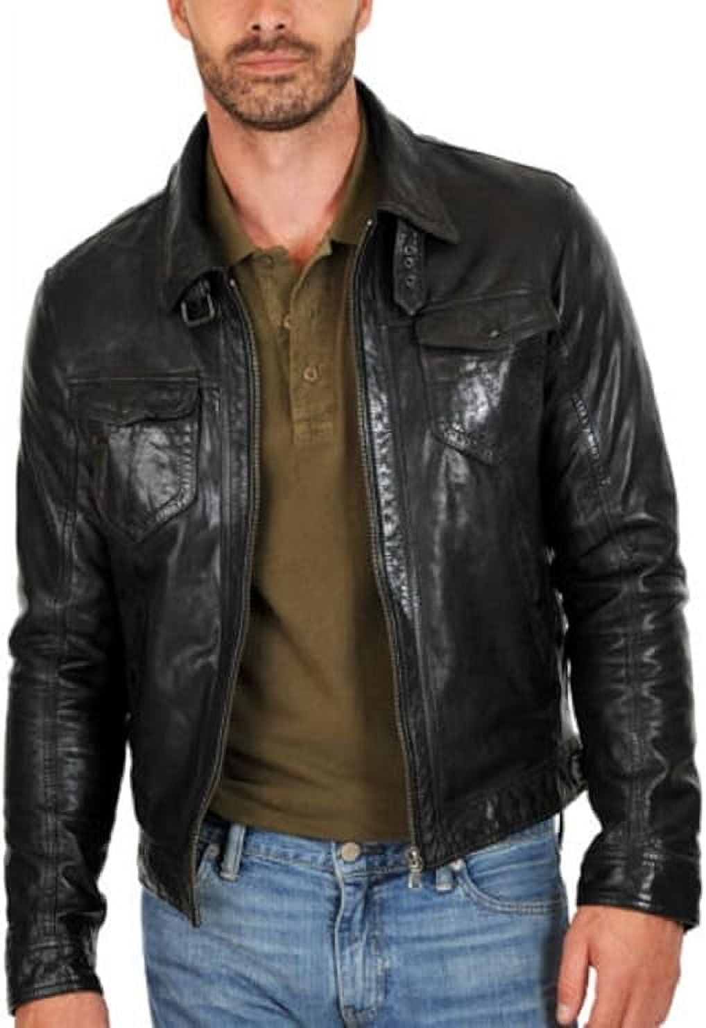 New Mens Leather Black Jacket Slim Fit Biker Motorcycle Genuine Leather Coat A894 - Walmart.com