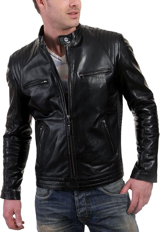 New Mens Leather Jacket Slim Fit Biker Motorcycle Genuine Black Leather ...