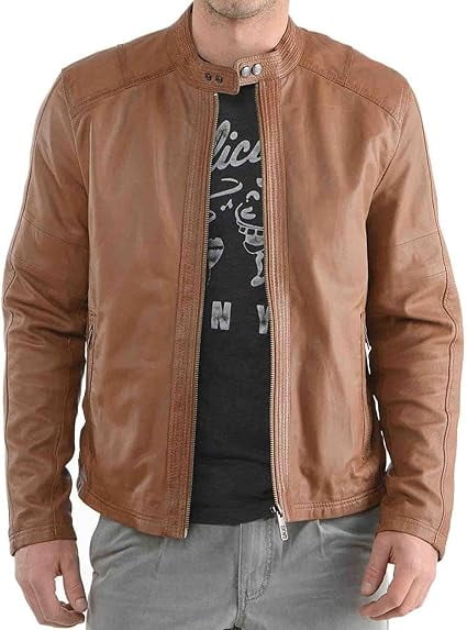 New Mens Tan Leather Jacket Slim Fit Biker Motorcycle Genuine Leather ...