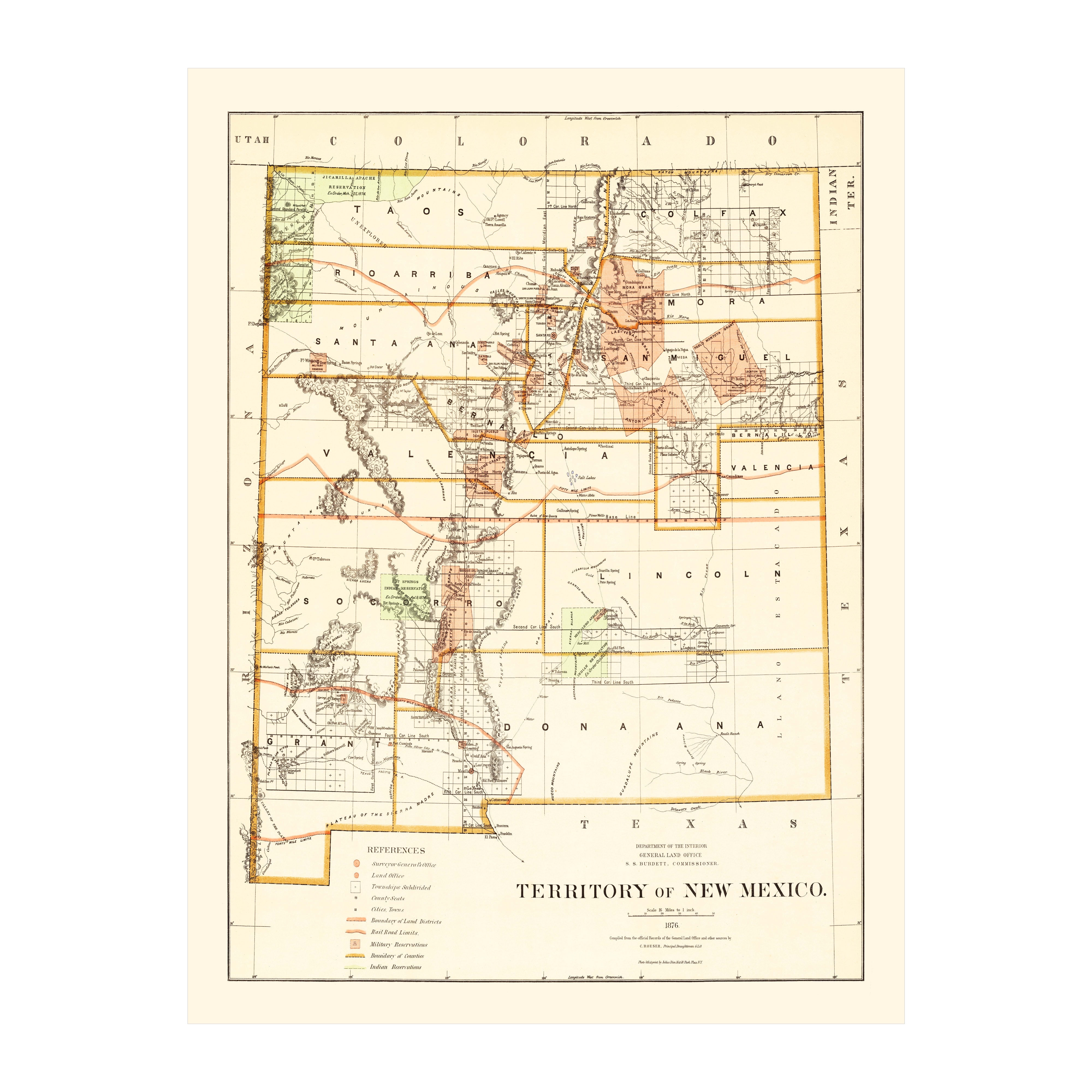 New Mexico Art, 1876 Vintage Map of New Mexico History Wall Decor Gift ...