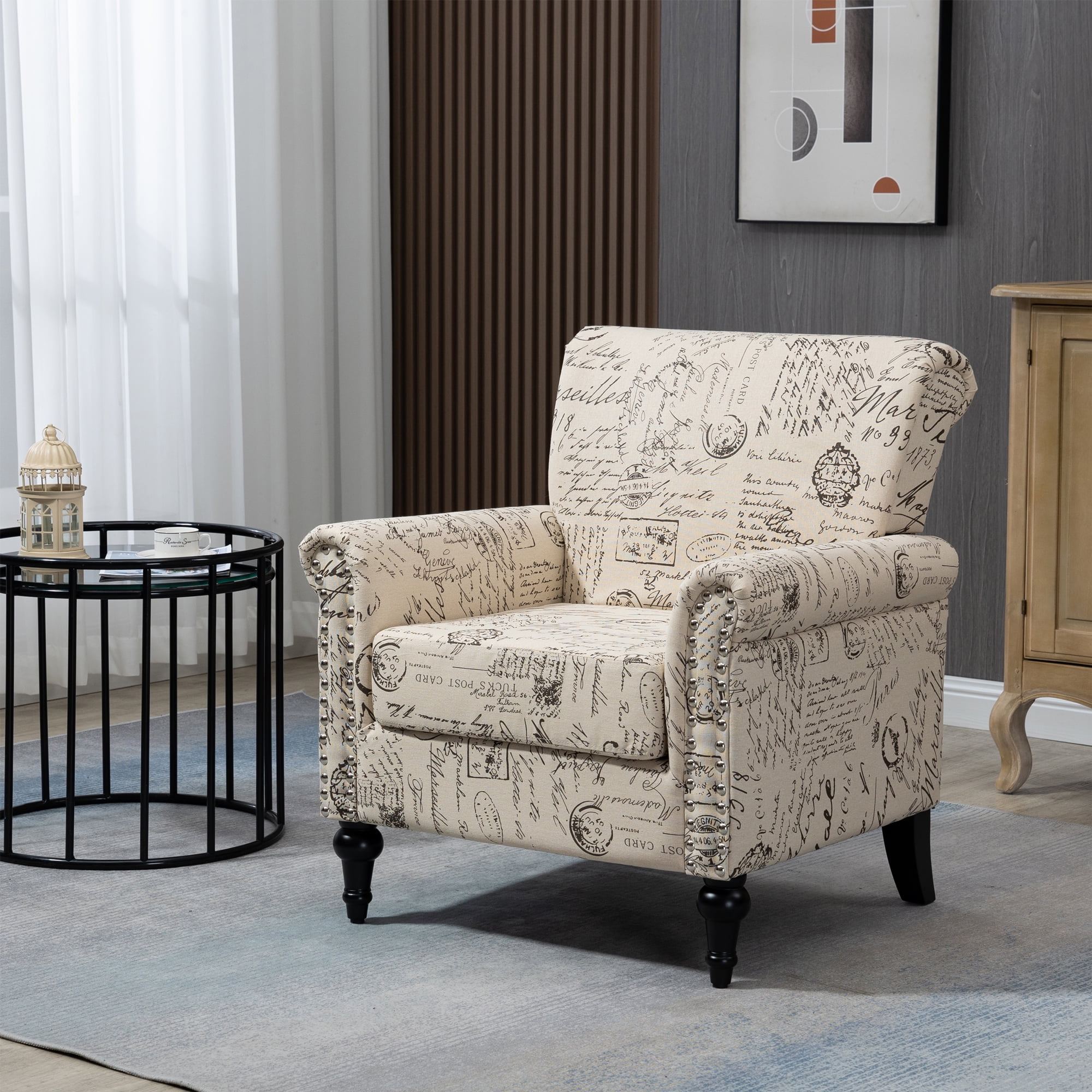 New Mid-Century Modern Accent Chair, Linen Armchair w/Tufted Back/Wood ...