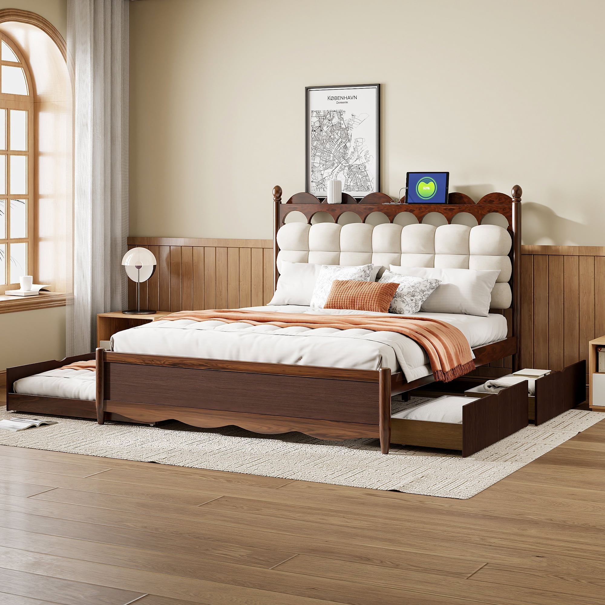 New Modern Queen Platform Bed – Integrated Trundle, USB/Socket Panel ...