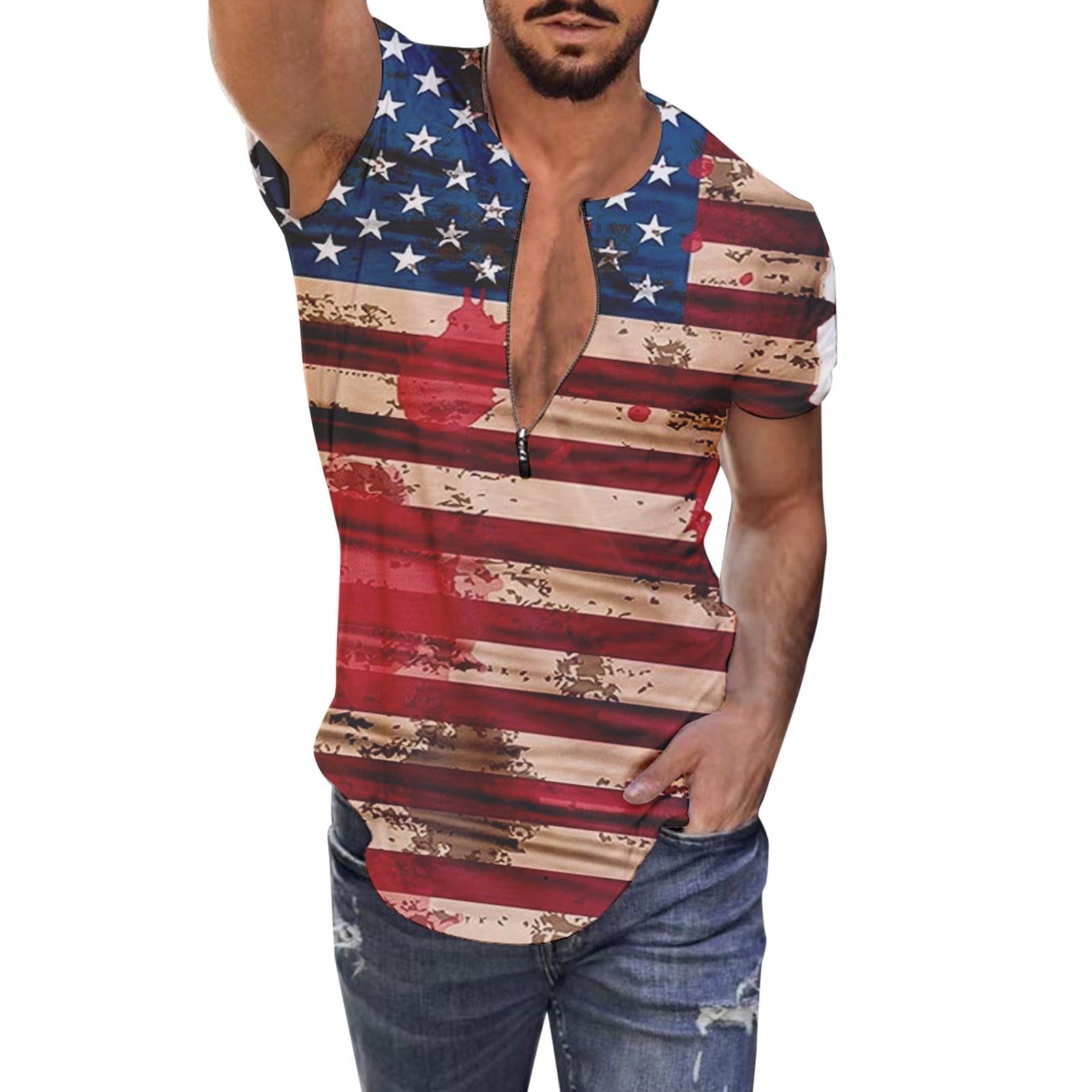 New National Flag Independence Day Men's Chest Zipper Short Sleeve ...