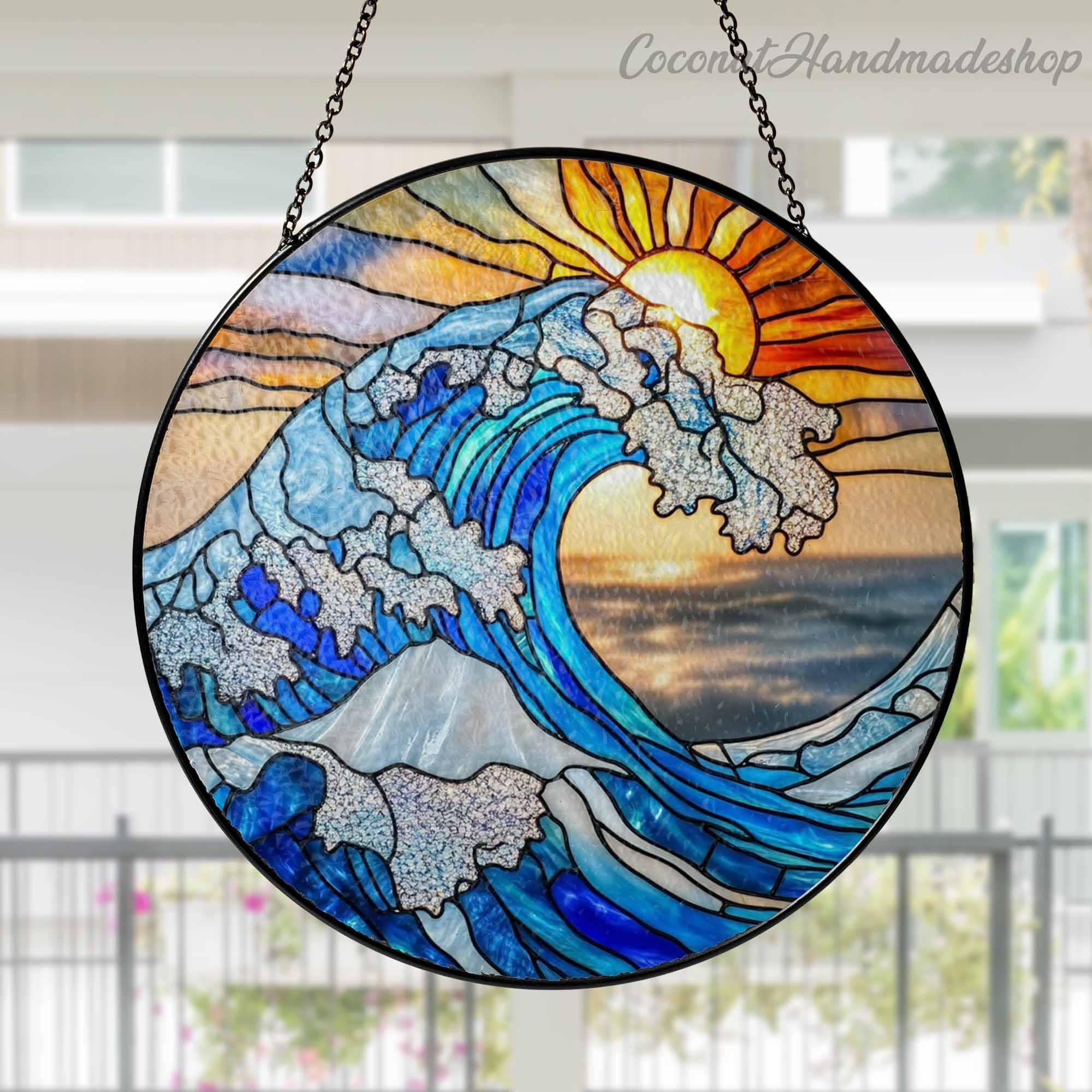 New Ocean Waves Stained Glass Suncatcher, Waves Window Hanging Decor ...