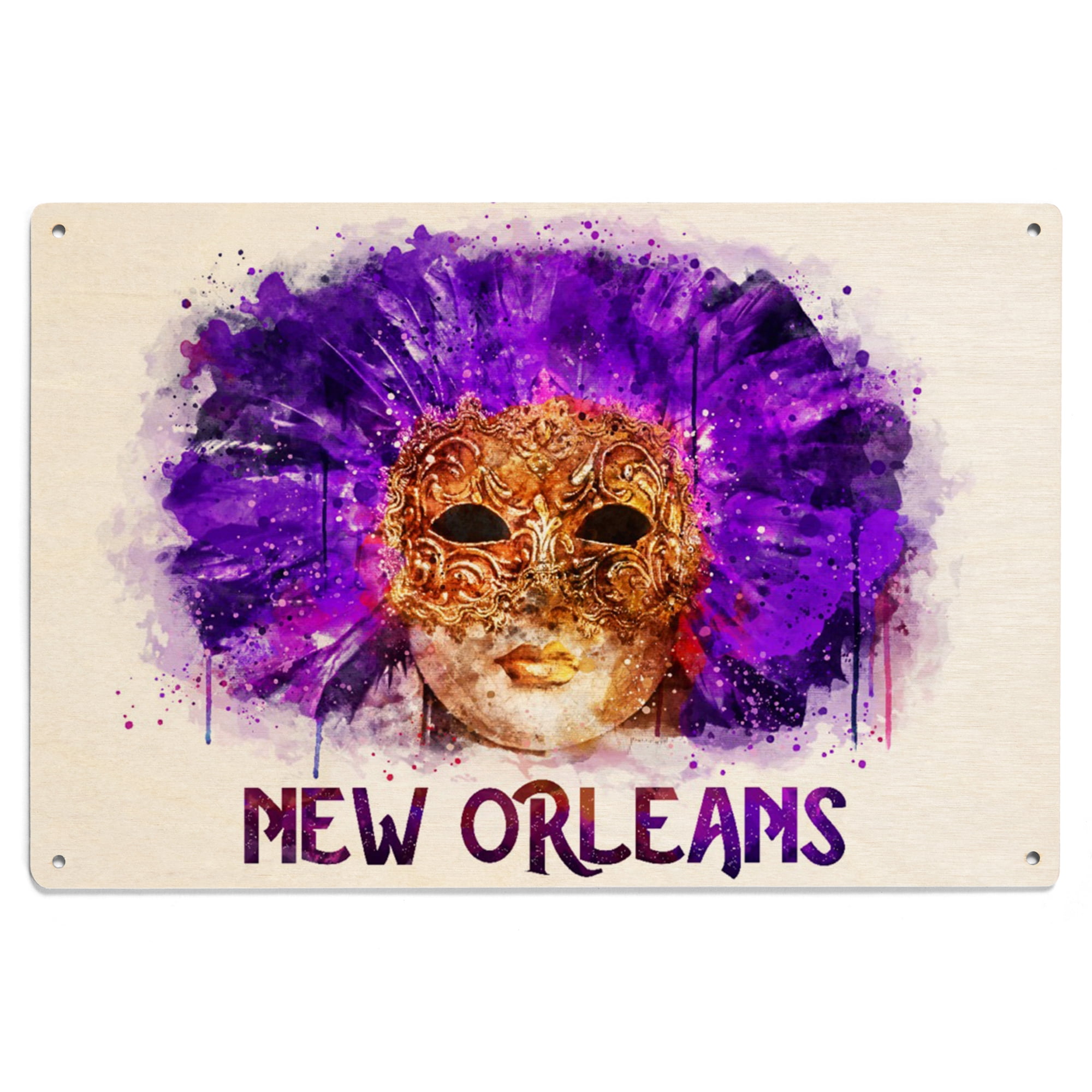 New Orleans, Louisiana, Drippy Watercolor Mask (Purple and Gold) Birch ...