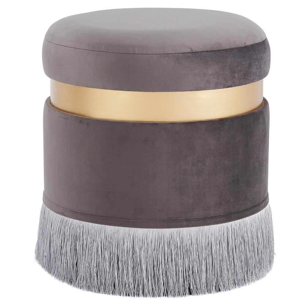 Suri Velvet Fabric Fringe Round Storage Ottoman - Serene Dark Gray/Gold ...