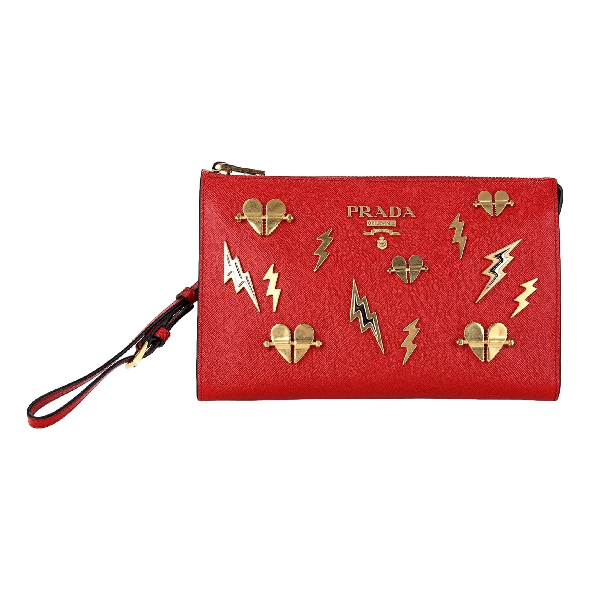 New Prada Fuoco Red Saffiano Leather Gold Hearts Pouch Wristlet Bag ...