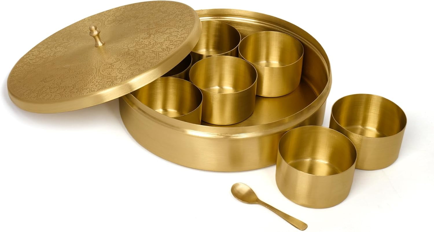 New Pure Brass Masala Box Set with Brass Spoon Container 100 ML-Food ...