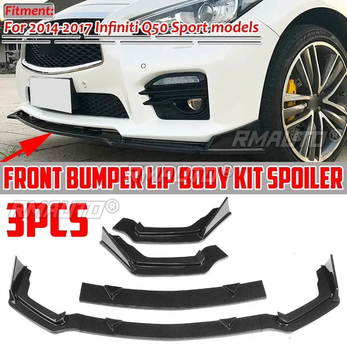 New Q50 Black/Carbon Fiber Look Car Front Bumper Splitter Lip Diffuser ...