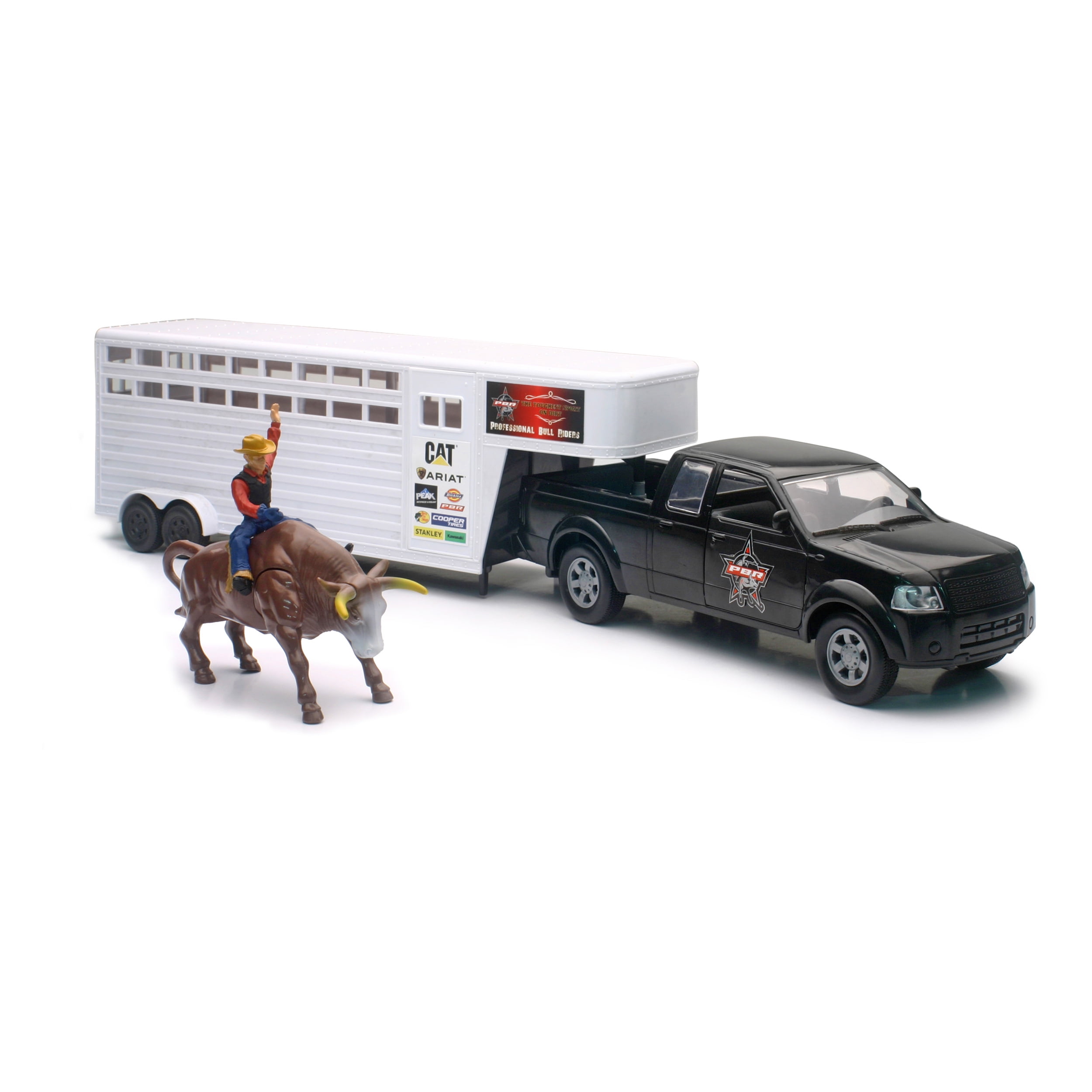 New-Ray SS-38636 PBR Pickup Truck and Cattle Trailer with Bull and ...