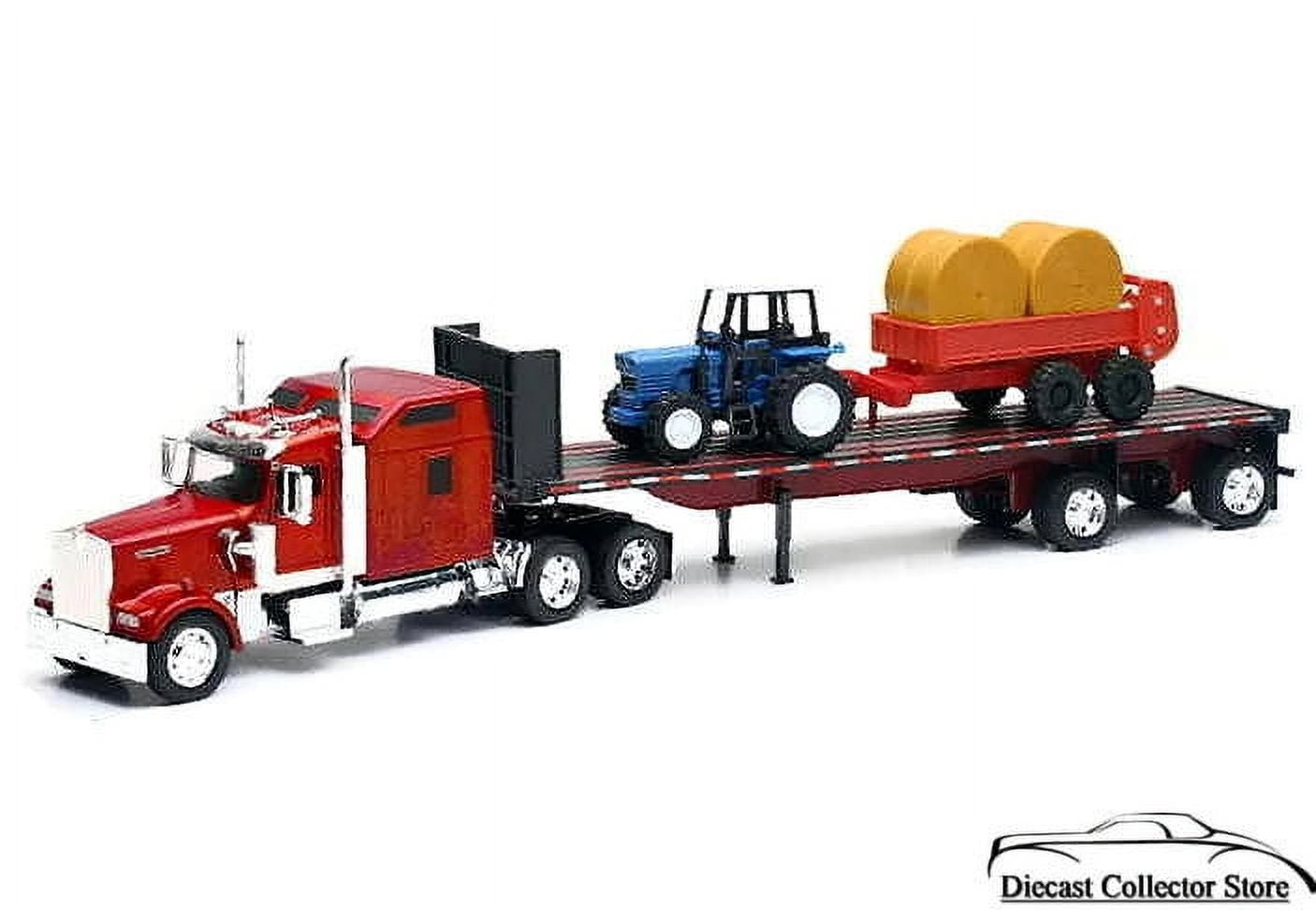 New Ray Toys Kenworth W900 with Flatbed, Tractor and Round Haybales ...