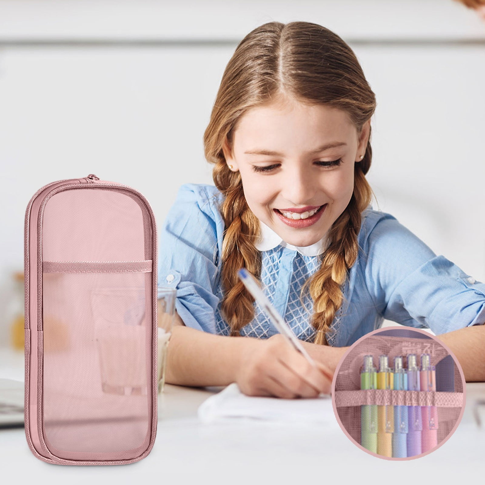 New Release JGF844 Double-layer Mesh Pencil Case Student Large Capacity Stationery Bag ...