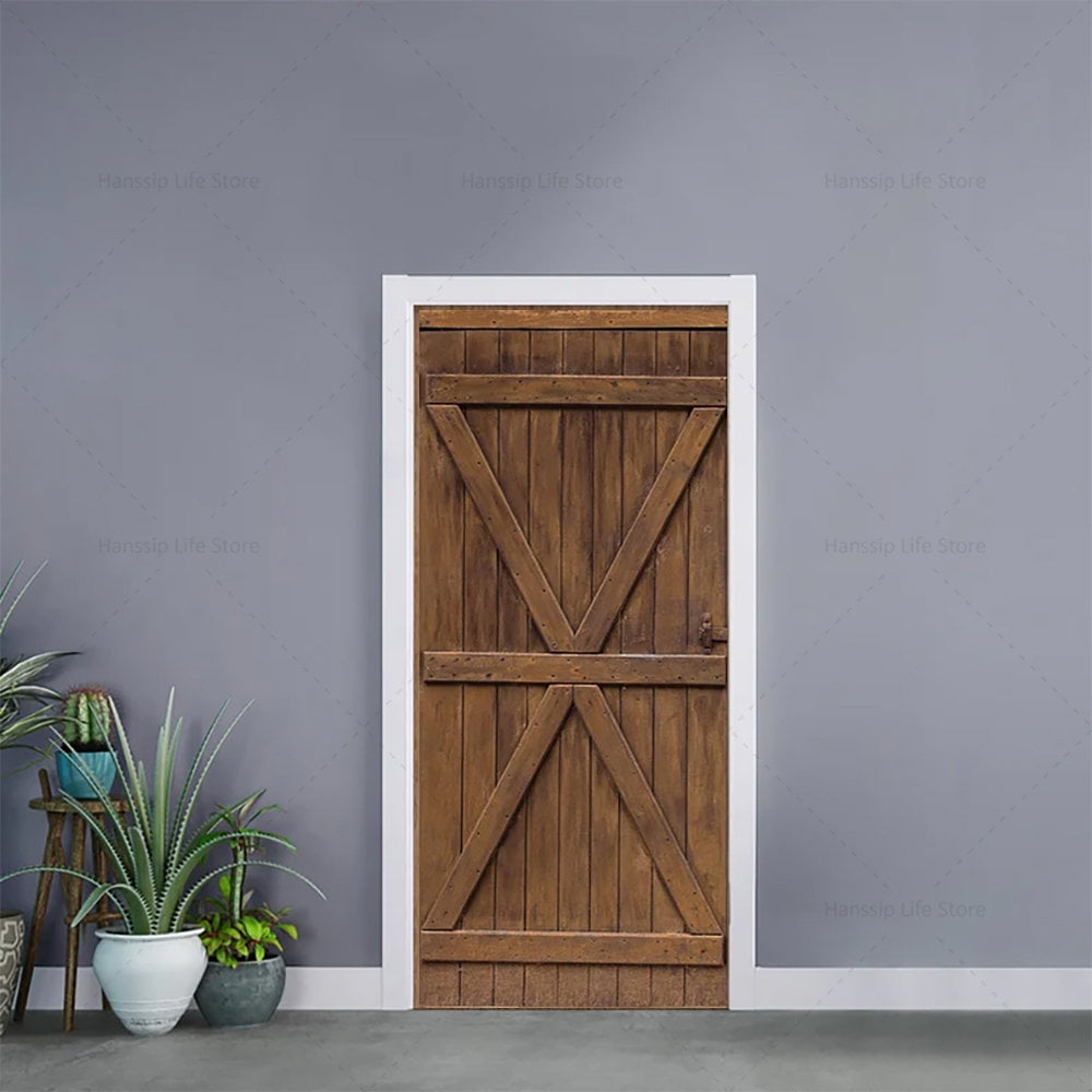 New Retro Wooden Door Stickers Wrap The Whole Door Matte PVC Material ...