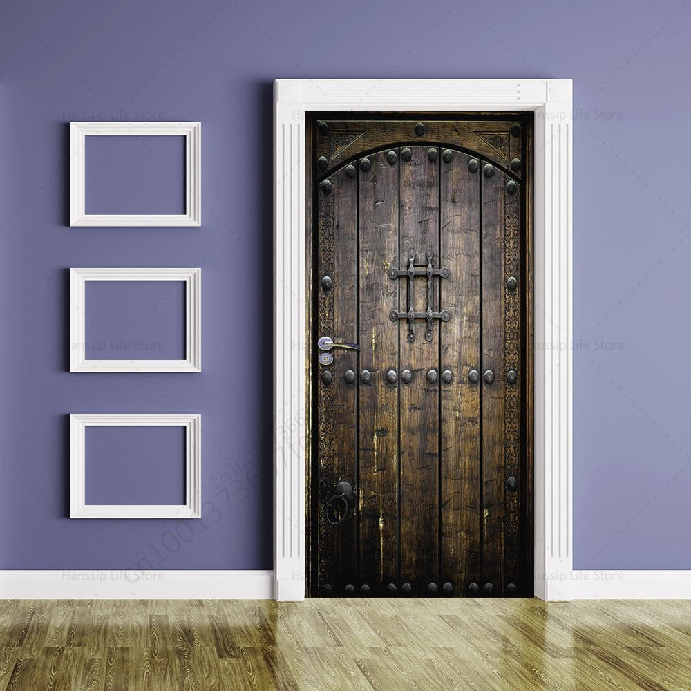New Retro Wooden Door Stickers Wrap The Whole Door Matte PVC Material ...