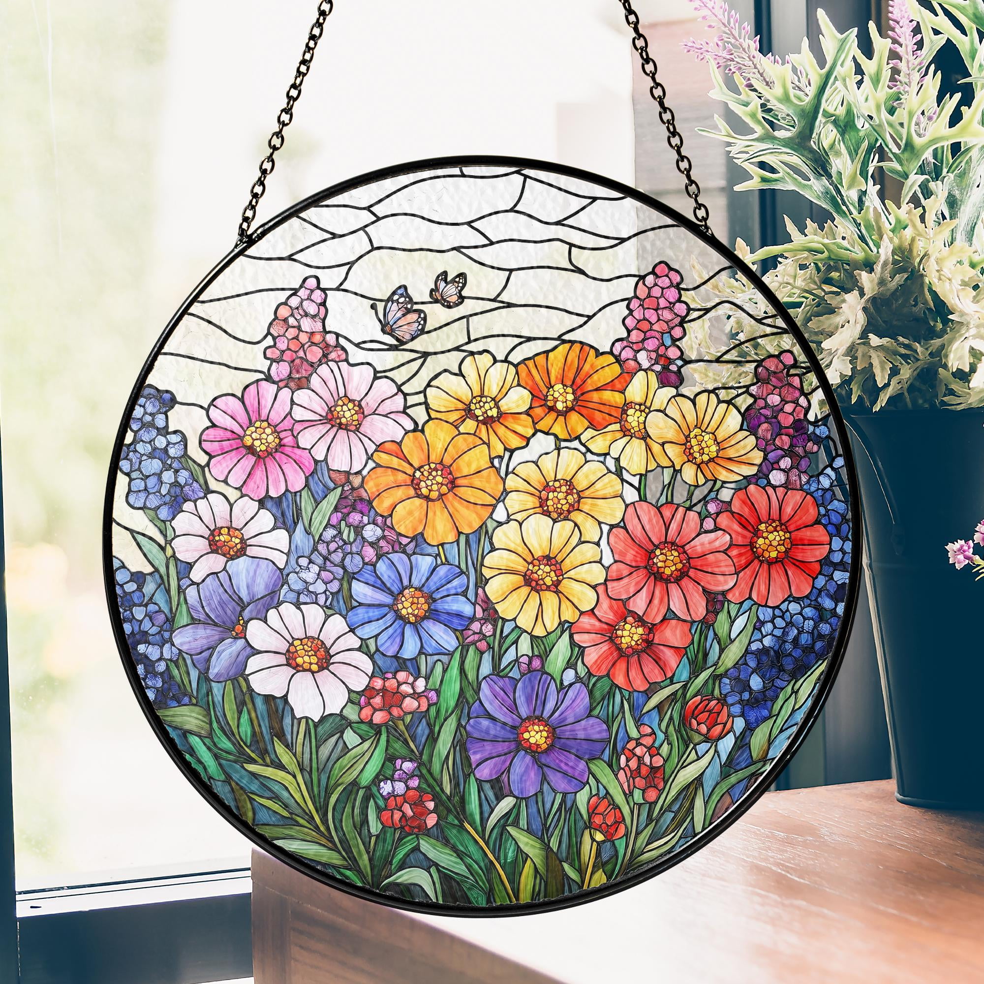 New Round Wildflower Suncatcher, Elegant Floral Window Ornament ...