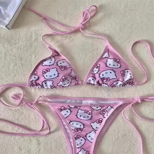 New Sanrio Hello Kitty Bikinis Bathing Suit Set Sexy Women Pink Halter Brazilian Bikini Set
