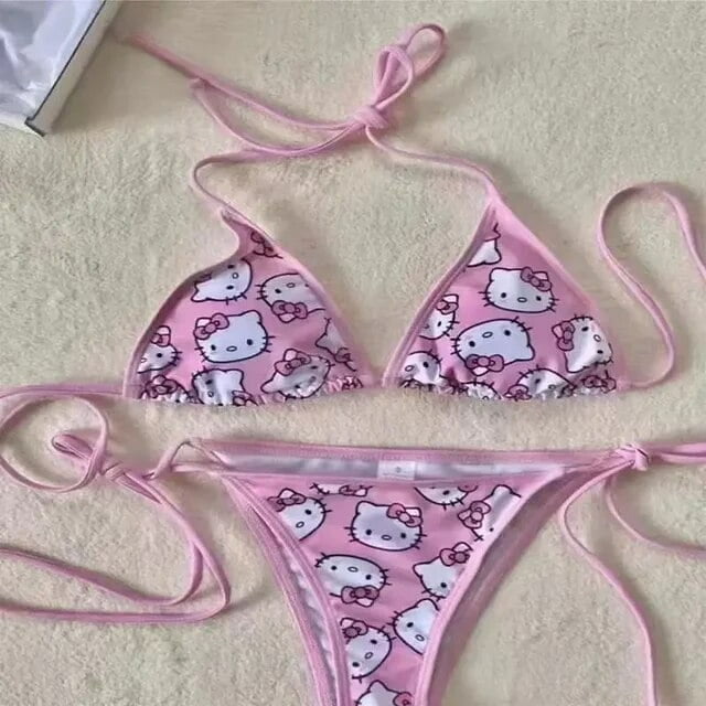 New Sanrio Hello Kitty Bikinis Bathing Suit Set Sexy Women Pink Halter
