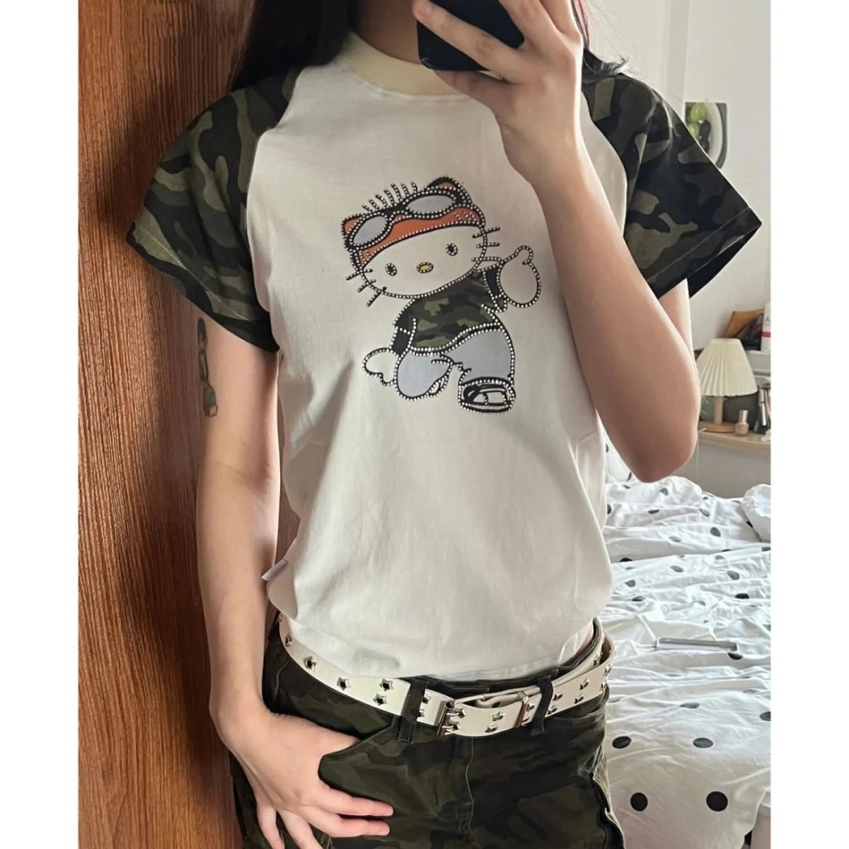 New Sanrio Hello Kitty Camouflage Patchwork T-shirt Summer Short Sleeve ...