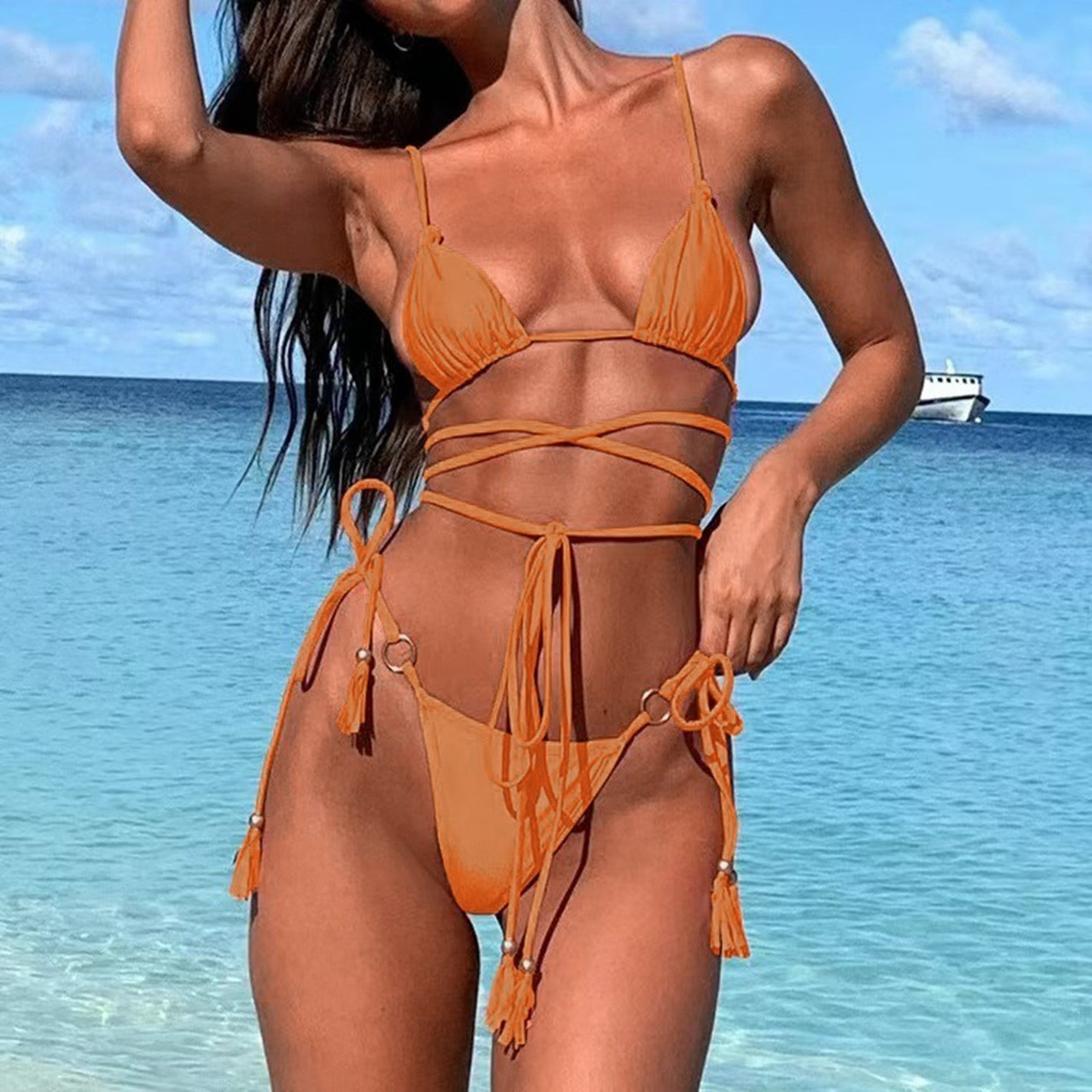 New Sexy Three Point Sexy Drawstring Pool Bikini Bathing Suit Top Large Chest Sunflower ...