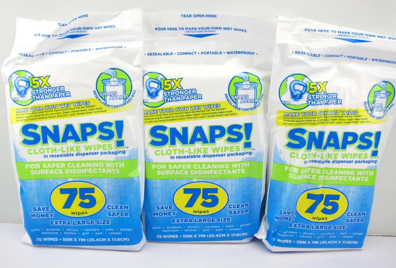 New Snaps Cloth Like Cleaning Wipes 3 Pack 75 Ea 225 Total Resealable ...