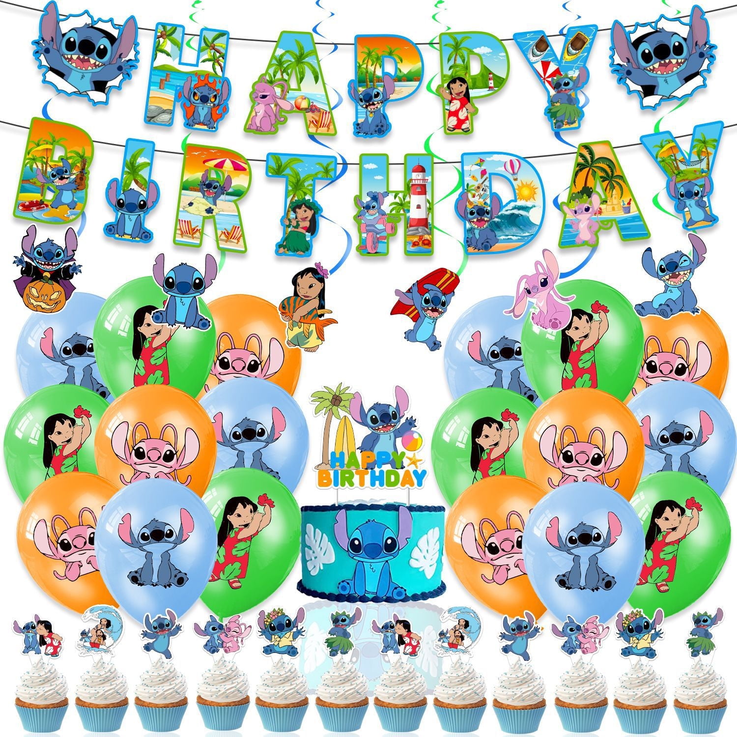 New Stitch Themed Children Birthday Party Decorations Backdrop Balloons Cake Toppers Banner For ...