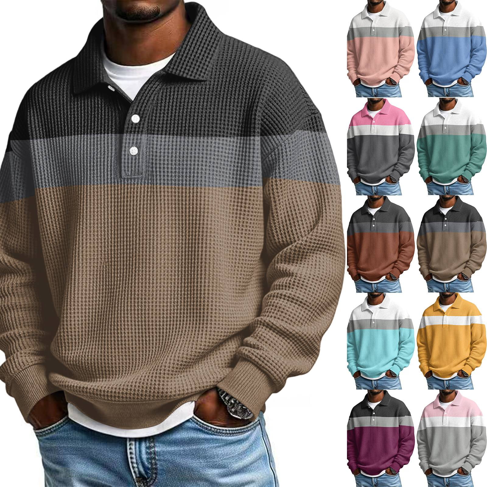 New Striped Waffle Knit Polo Shirt for Men Long Sleeve Textured Color ...
