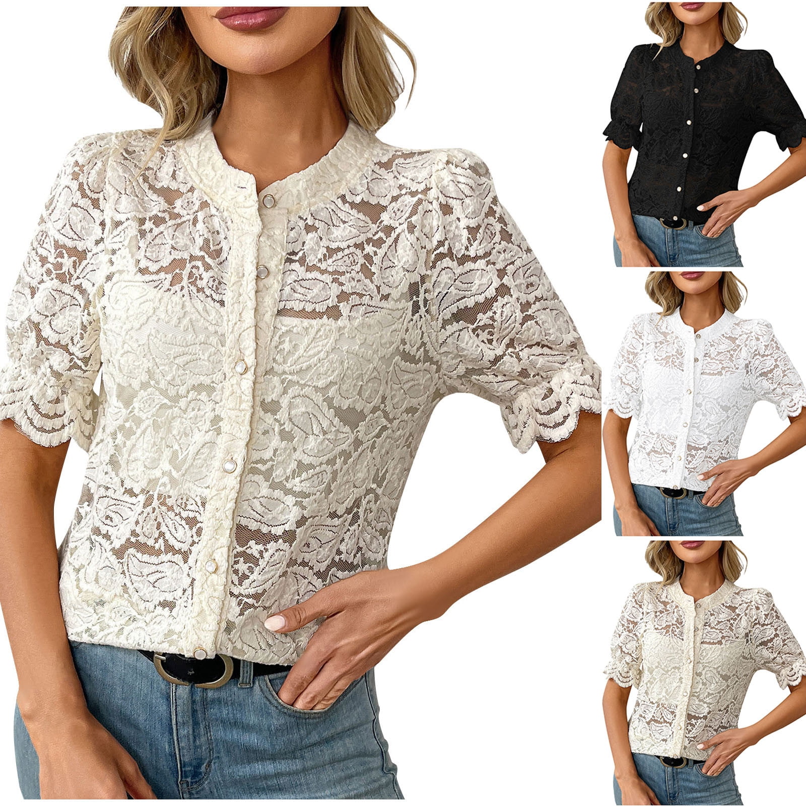 New Summer Arrivals Olyvenn Womens Summer Lace Tops Short Puff Sleeve ...