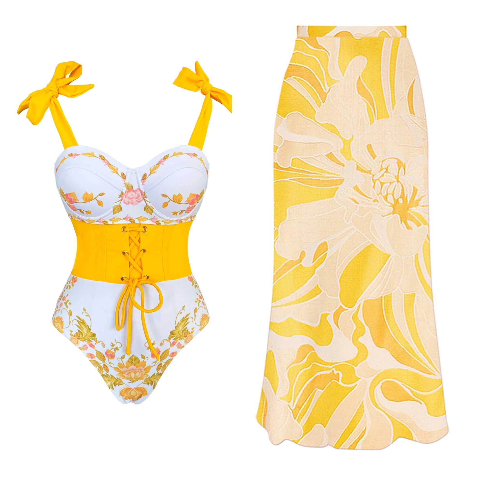 New Swimwear Underwire One Piece Swimsuit with Skirt Print Tummy ...