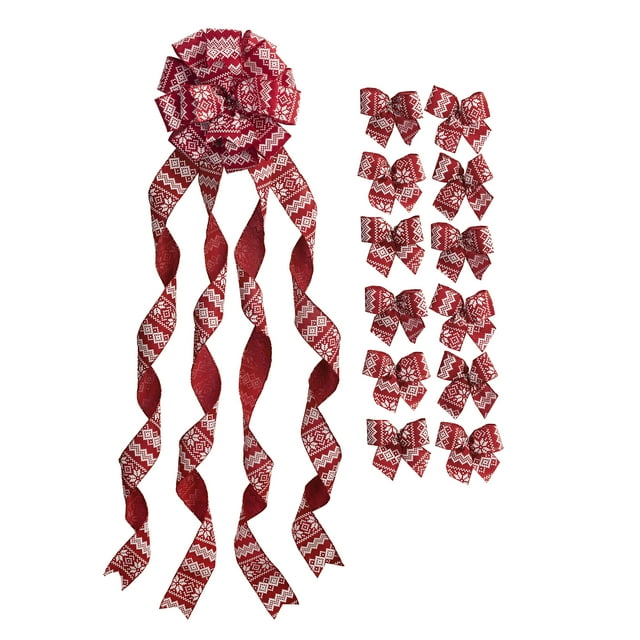 New Traditions Large Christmas Tree Topper Bow & 12 Mini Bows - Red and ...
