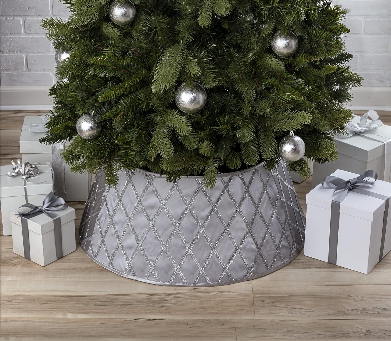 New Traditions Silver Satin Christmas Tree Collar with Criss Cross ...