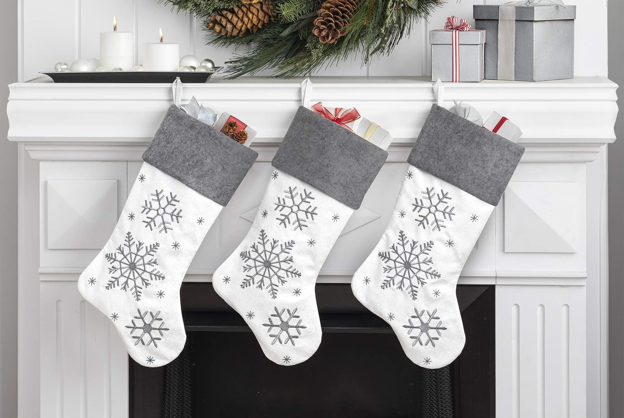 New Traditions White and Gray Embroidered Snowflake Christmas Stocking ...