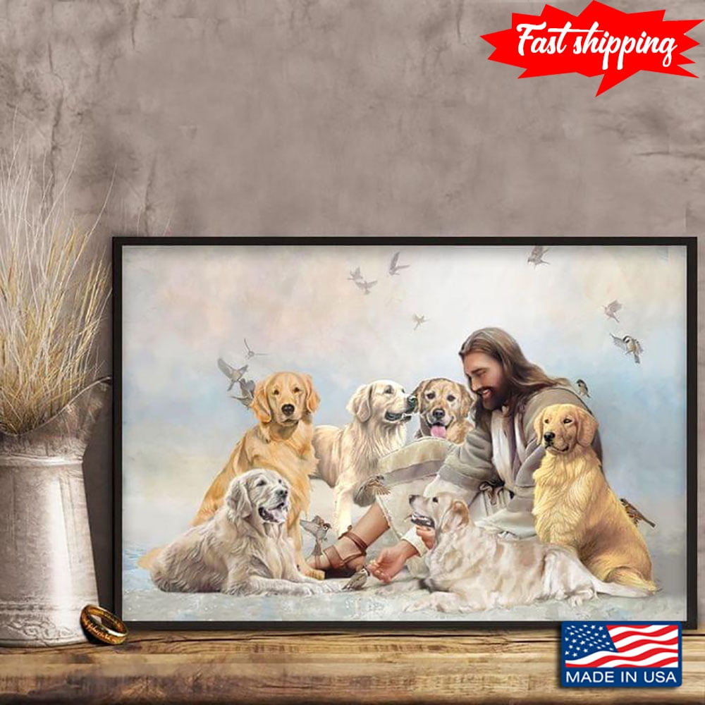 New Version Smiling Jesus Christ Playing With Golden Retriever Dogs And ...