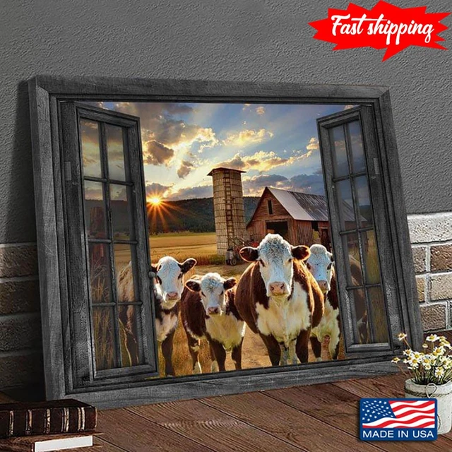 New Version Window Frame With Brown &Amp White Cows On NO FRAMED POSTER ...