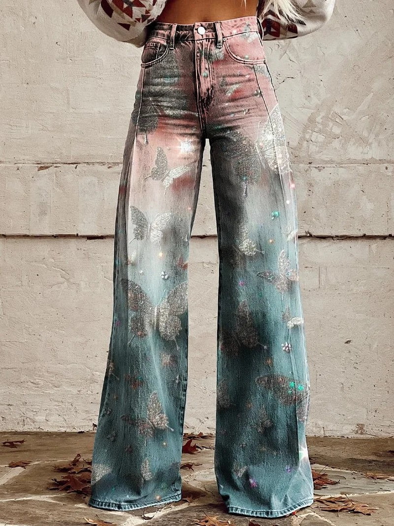 New Vintage Gradient Faux Jeans Women Wide Leg Denim Pants New Fashion ...