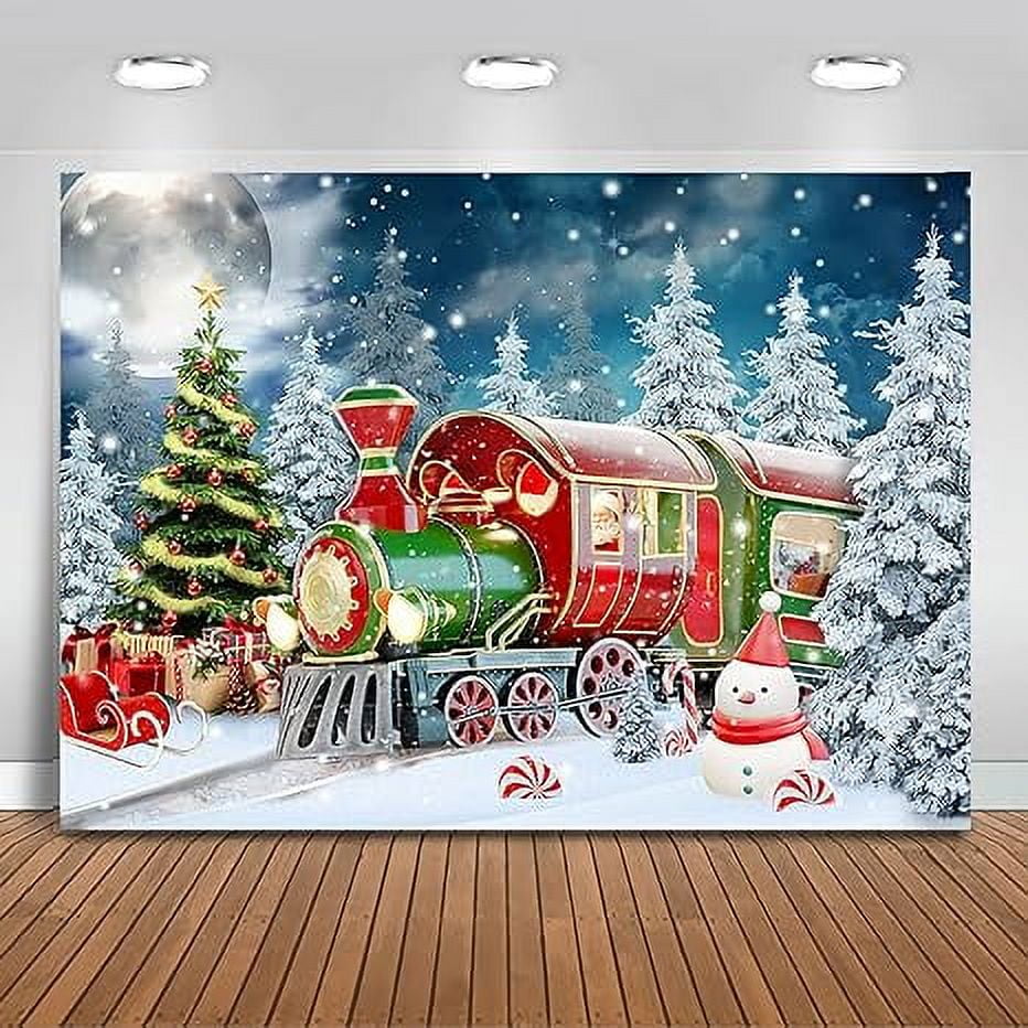 New Winter Christmas Cartoon Train Backdrop Snowy Night Christmas Pine ...
