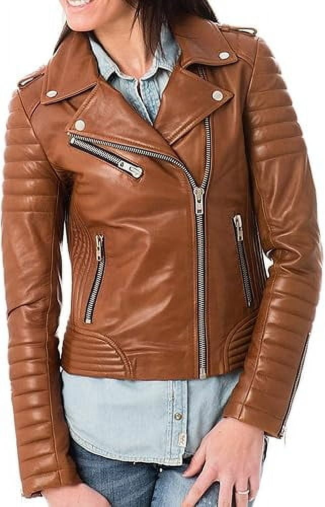 New Women Genuine Tan Quilted Lambskin Real Leather Jacket Ladies Slim Fit Biker Collared Coat ...