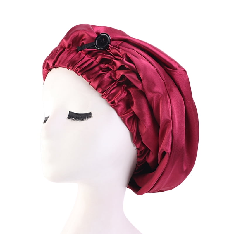 New Women Long Satin Bonnet Large Sleep Cap With Button Braids Elastic ...