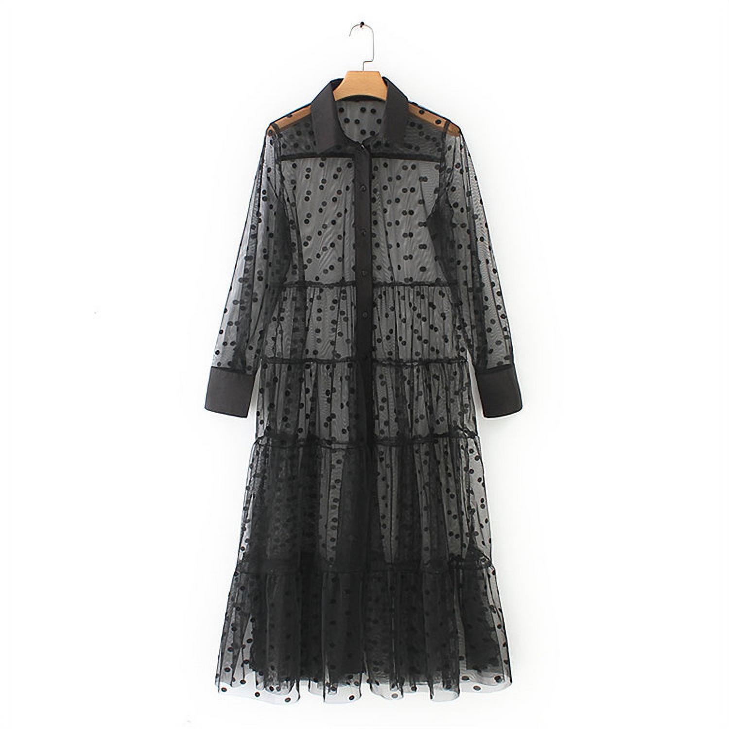 New Women Mesh Sheer Transparent Polka Dot Lace Cover up V Neck Button ...