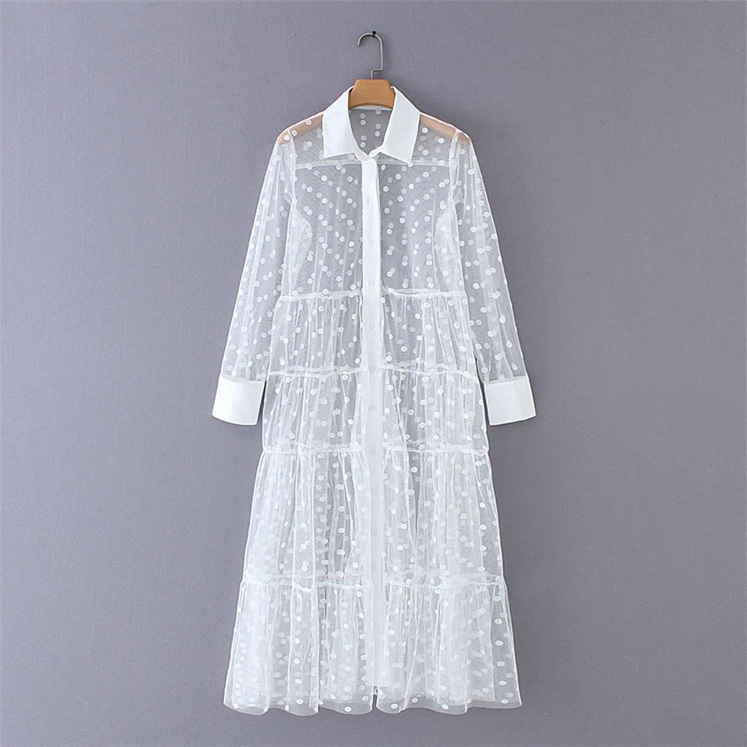 New Women Mesh Sheer Transparent Polka Dot Lace Cover up V Neck Button ...