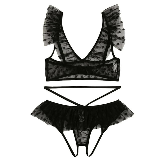 New Women Plus Size Lace Lingerie Bra Thong Underwear Set Black