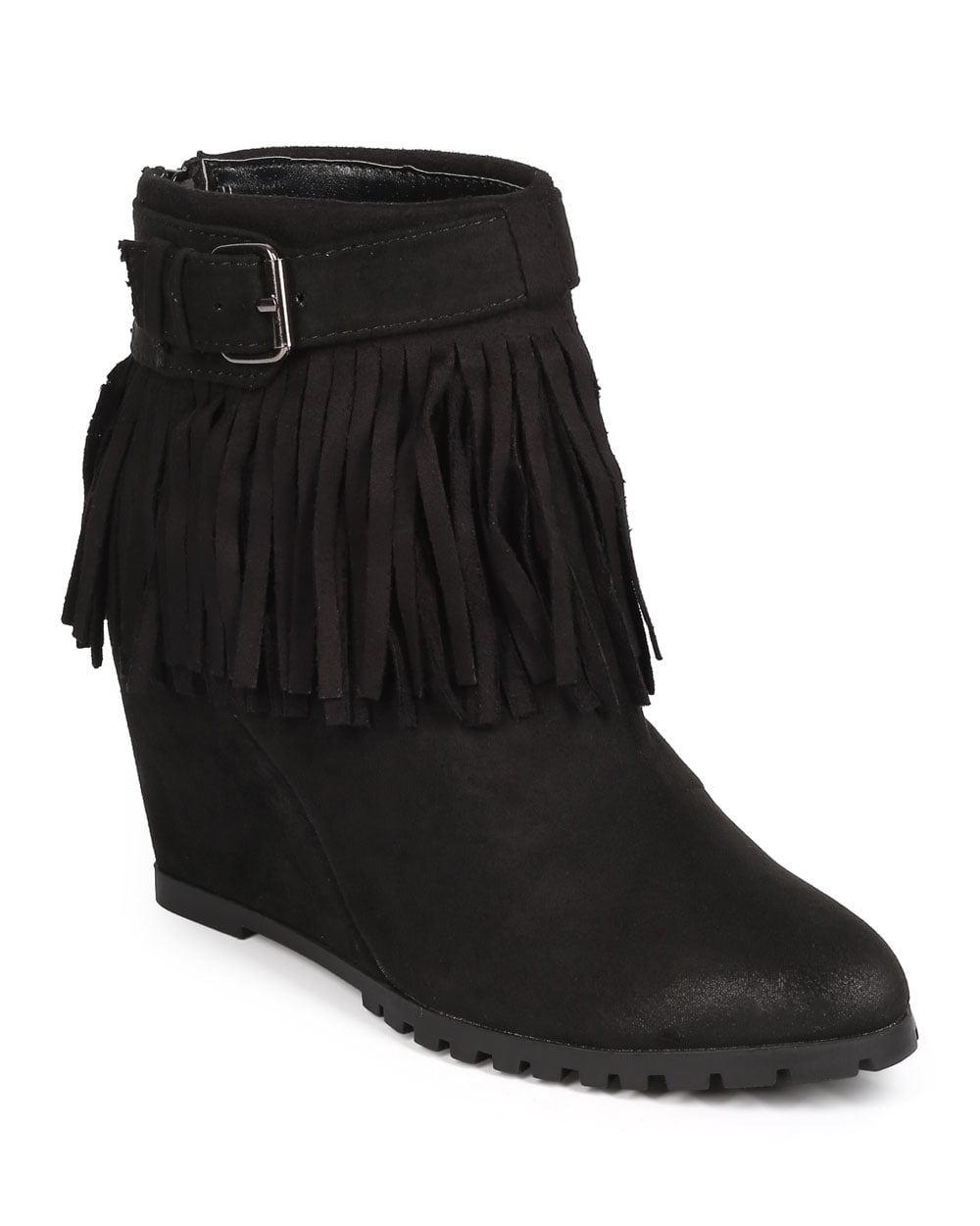 New Women Qupid Tustin-02 Suede Buckle Fringe Wedge Ankle Bootie Size ...