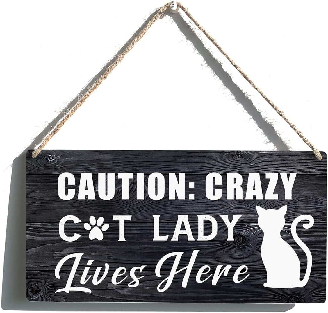New Wood Sign 10x5 Inch Door Sign Funny Cat Signs Caution Crazy Cat ...