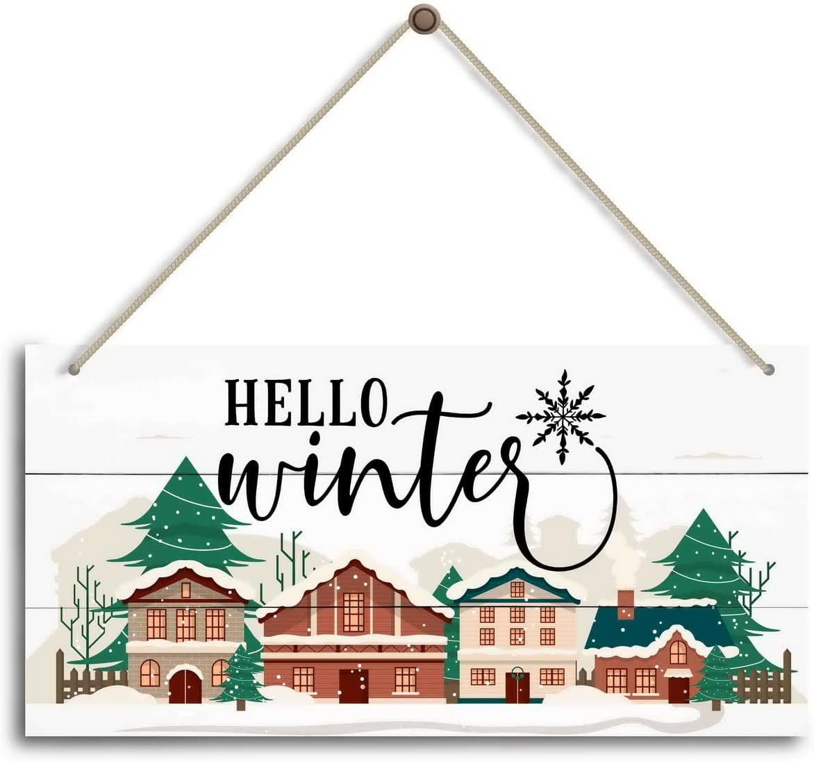 New Wood Sign 5x10 Inch Christmas Sign Hello Winter Porch Decor Hanging ...