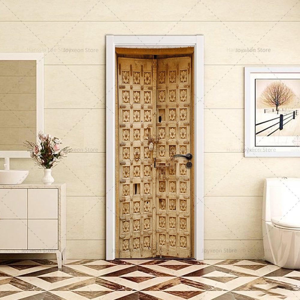 New Wooden Door Stickers Retro Simulation Poster Vinyl PVC Waterproof ...